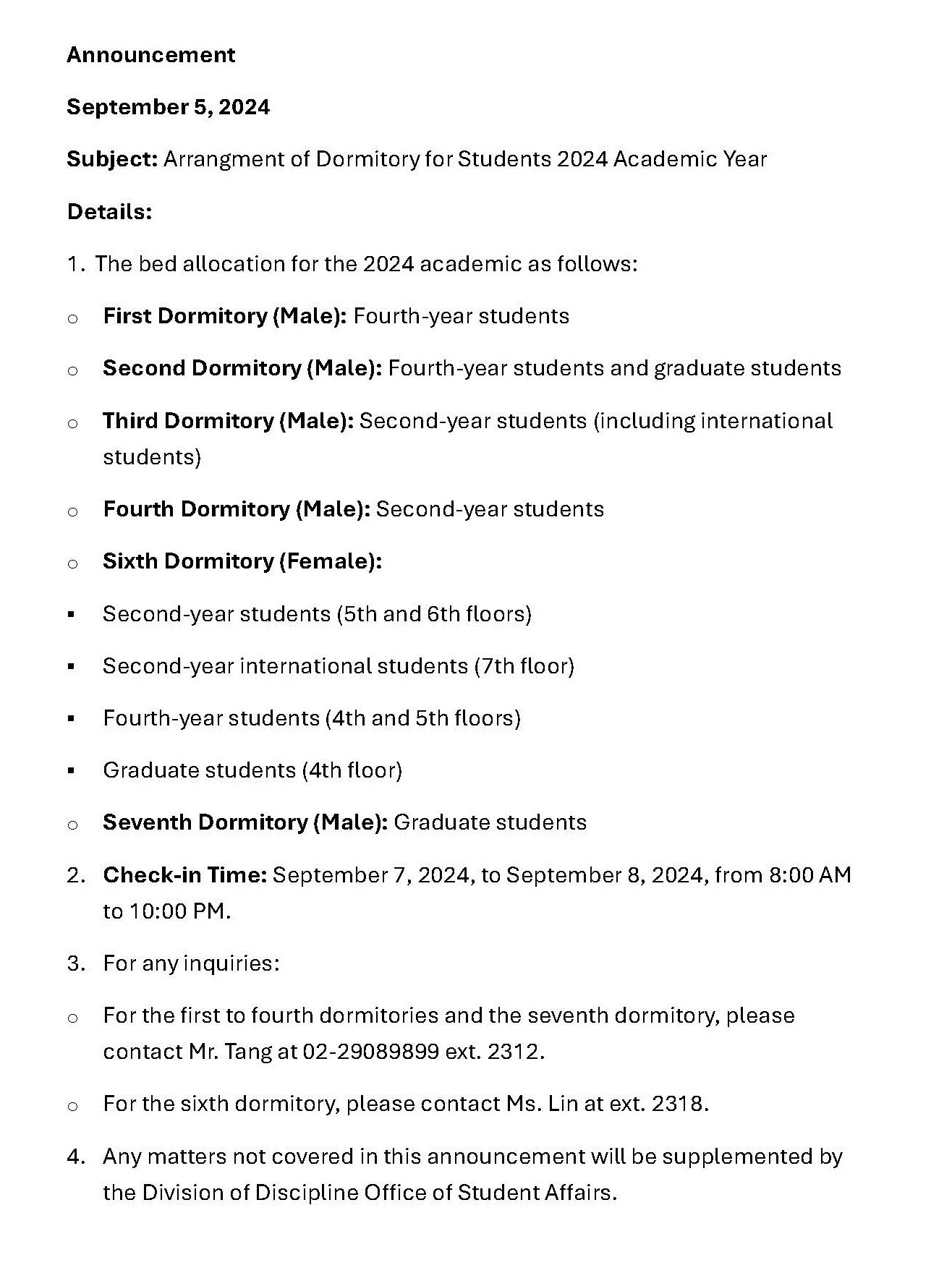 Arrangment of Dormitory for Students 2024 Academic Year